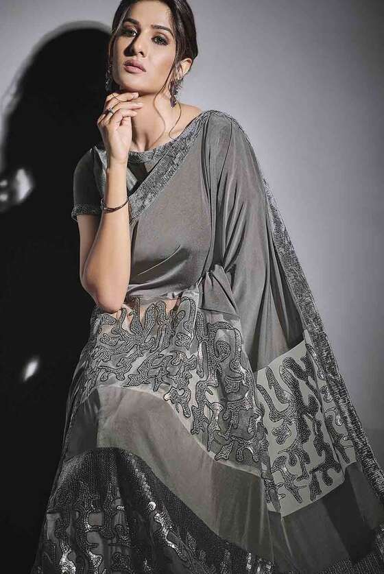 Ash Grey Designer Lycra Saree With Sequins Embroidery – MOR ETHNICS