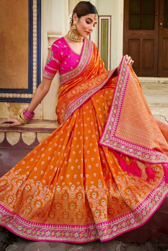 Rust Orange Exclusive Banarasi Silk Saree With Embroidered Blouse – MOR ...