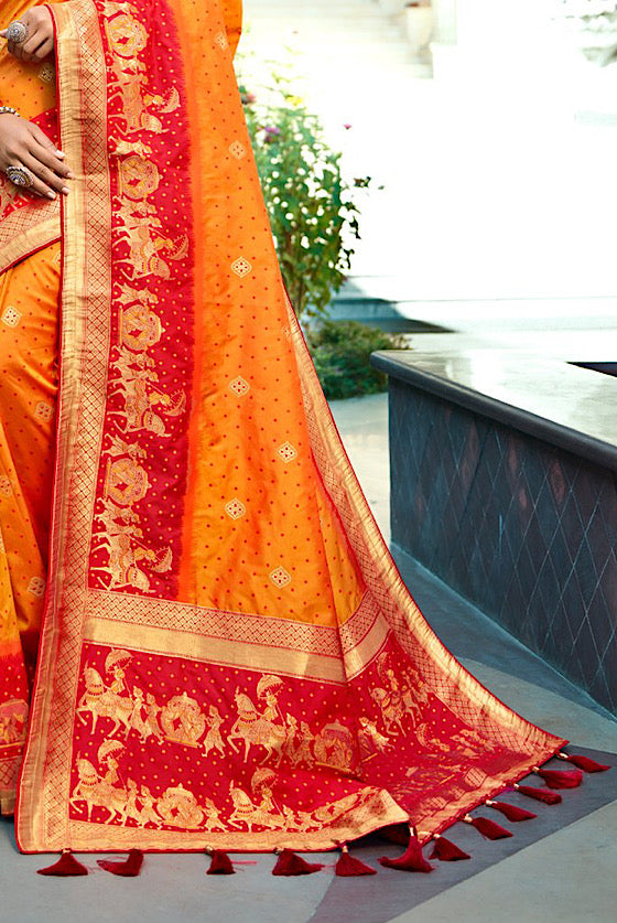 Saffron Orange Woven Silk Saree With Heavy Embroidery Blouse – MOR ETHNICS