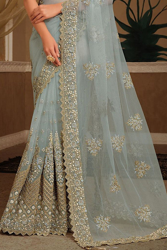 Slate Grey Designer Net Saree With Zari , Resham & Swarvoski Work – MOR ...