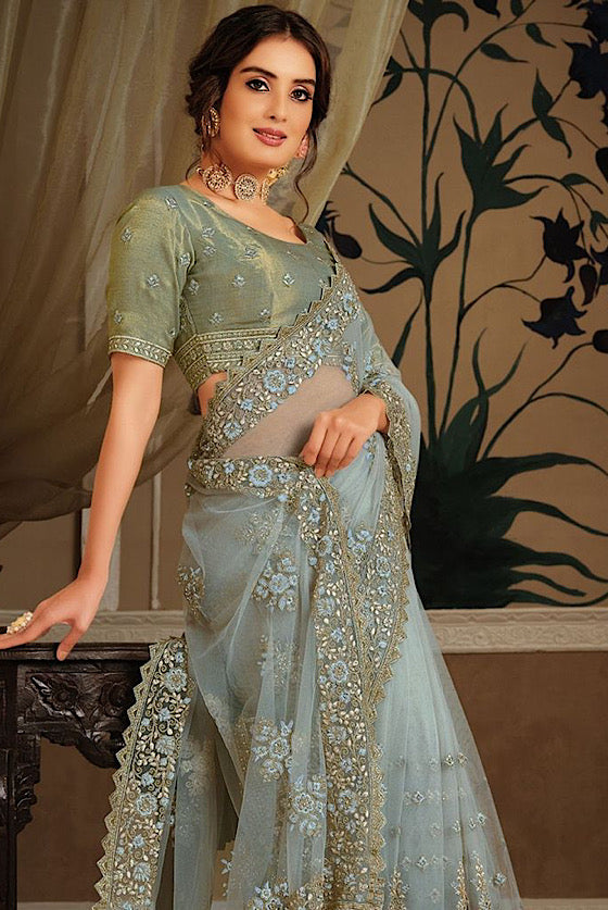 Slate Grey Designer Net Saree With Zari , Resham & Swarvoski Work – MOR ...