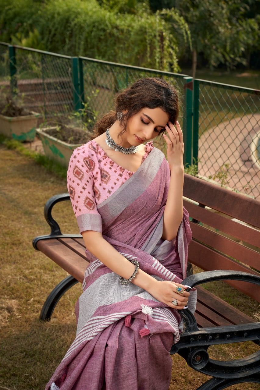 Exclusive Pink Lenin Saree – MOR ETHNICS